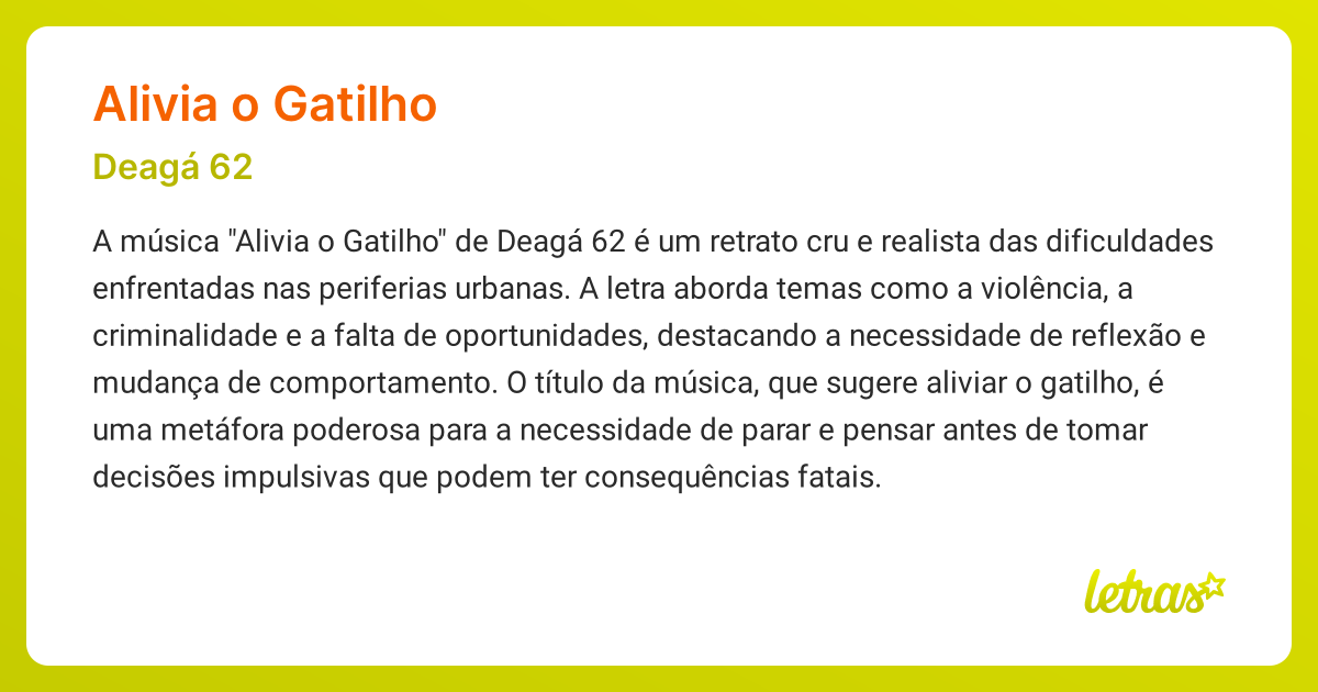 Significado da música ALIVIA O GATILHO (Deagá 62) - LETRAS.MUS.BR