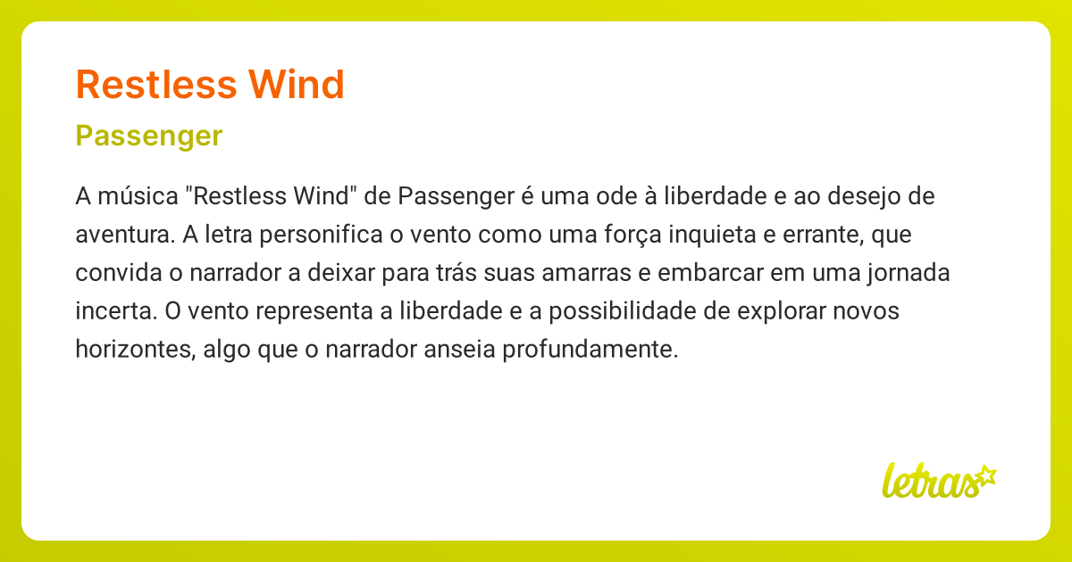 Significado da música RESTLESS WIND (Passenger) - LETRAS.MUS.BR