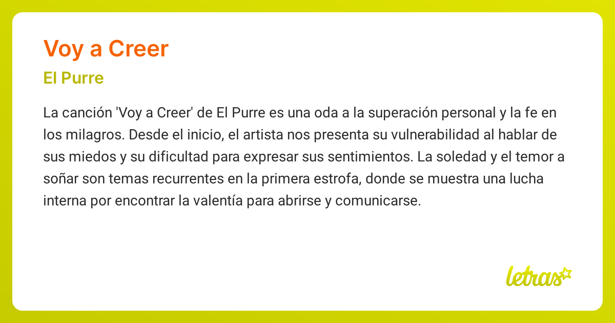 Significado de la canción VOY A CREER (El Purre) - LETRAS.COM