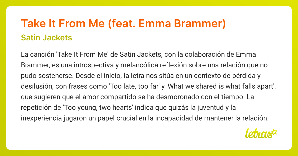 Significado de la canción Take It From Me (feat. Emma Brammer) (Satin ...