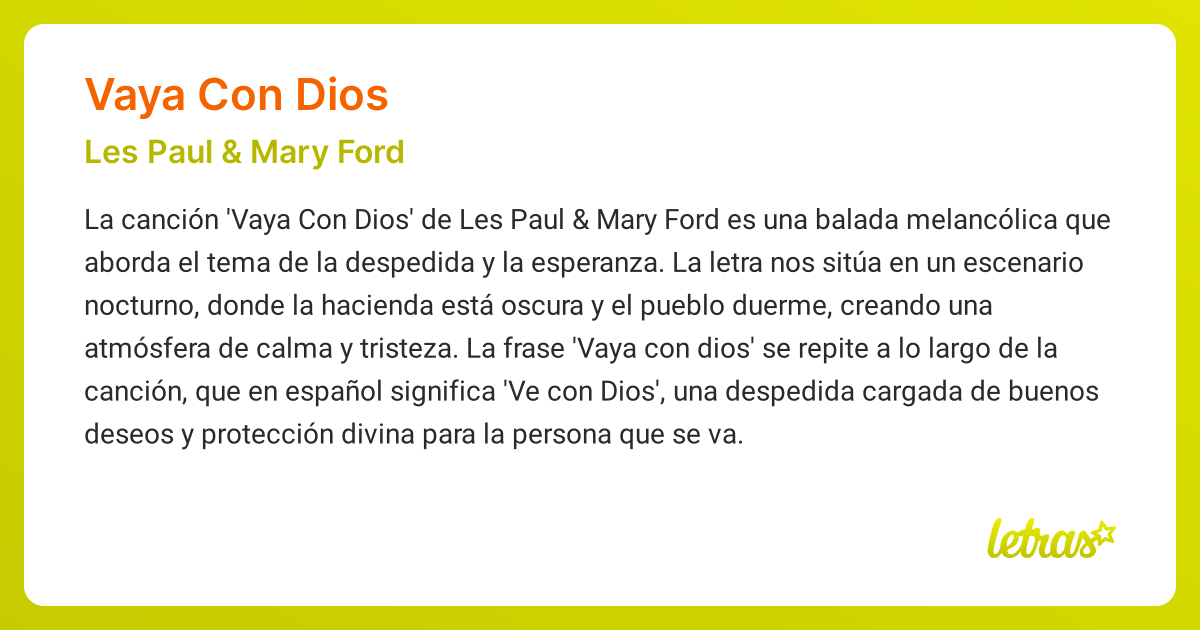 Significado de la canción VAYA CON DIOS (Les Paul & Mary Ford) - LETRAS.COM