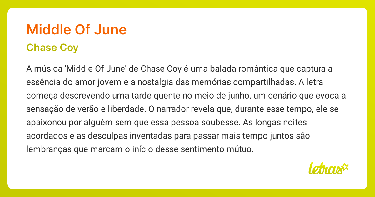 Significado da música MIDDLE OF JUNE (Chase Coy) - LETRAS.MUS.BR