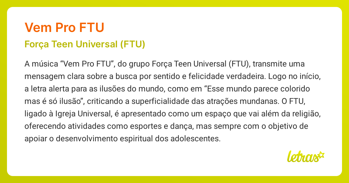 Significado da música VEM PRO FTU (Força Teen Universal (FTU)) - LETRAS ...