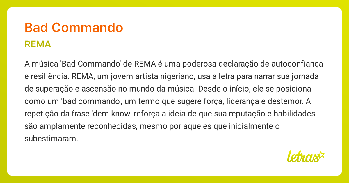 Significado da música BAD COMMANDO (REMA) - LETRAS.MUS.BR