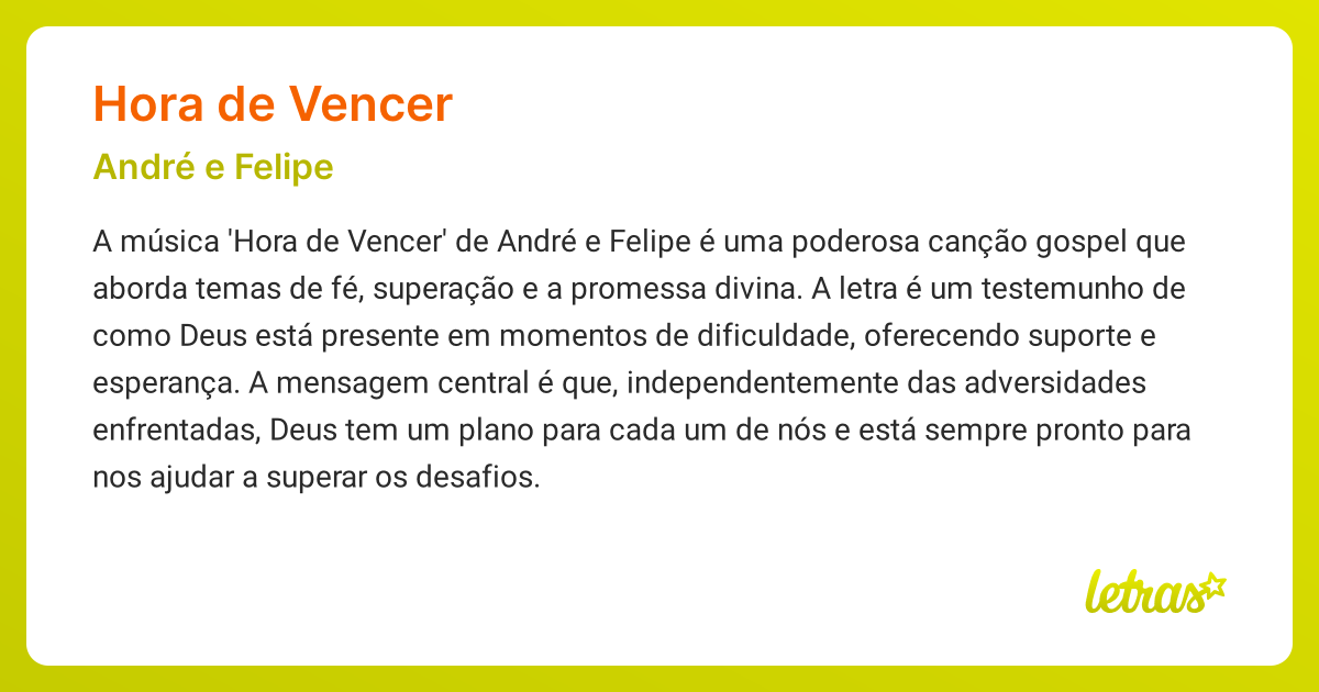 Significado da música HORA DE VENCER (André e Felipe) - LETRAS.MUS.BR