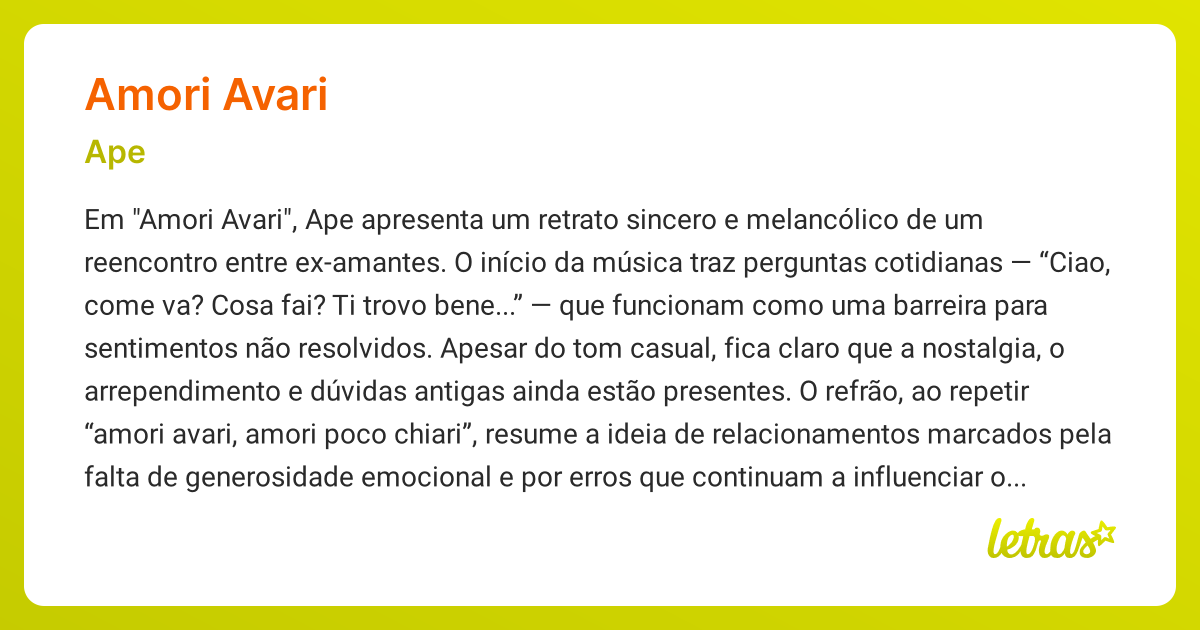 Significado da música AMORI AVARI (Ape) - LETRAS.MUS.BR