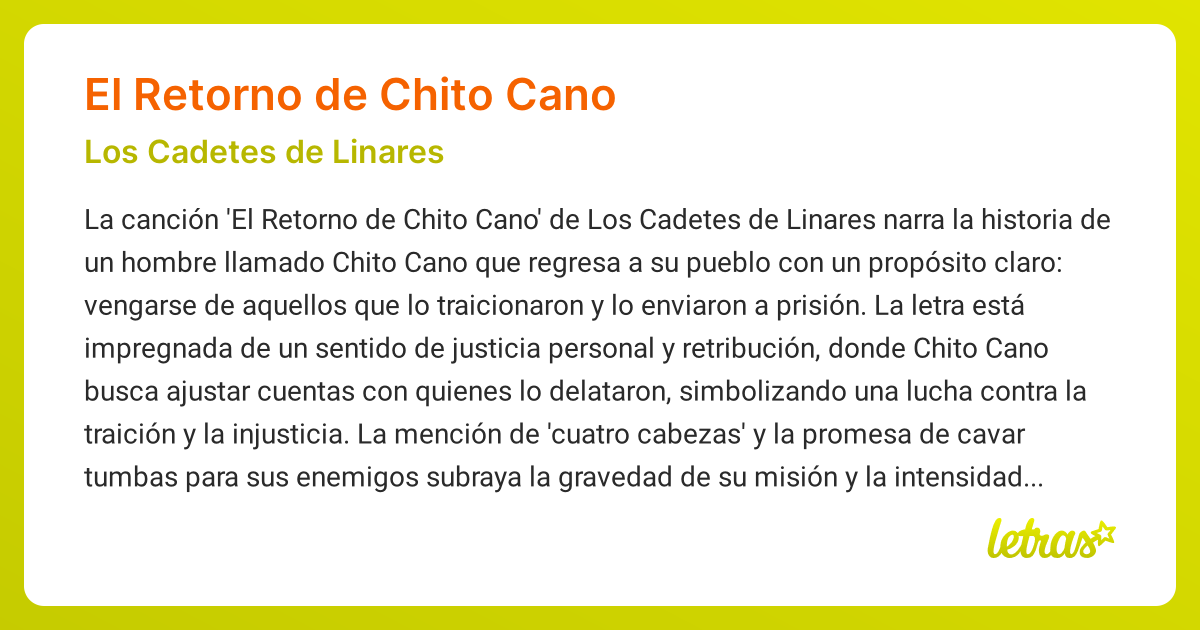 Significado de la canción EL RETORNO DE CHITO CANO (Los Cadetes de ...