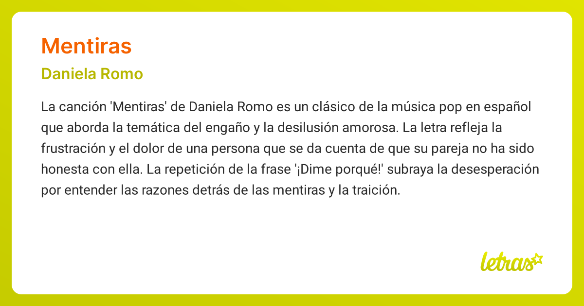 Significado de la canción MENTIRAS (Daniela Romo) - LETRAS.COM