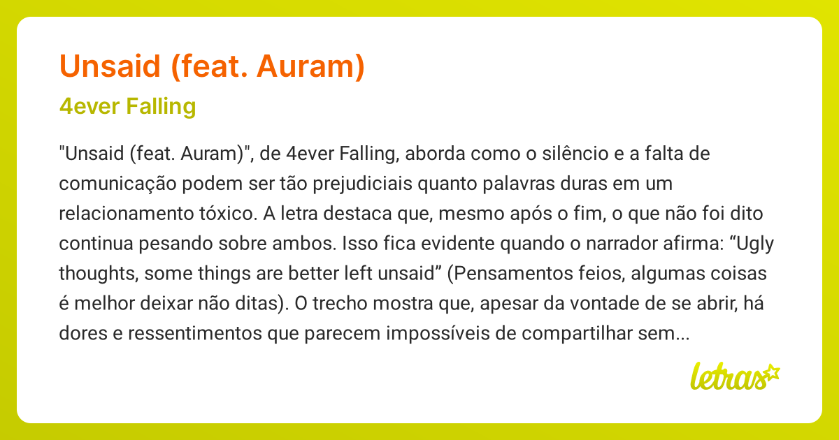 Significado da música UNSAID (FEAT. AURAM) (4ever Falling) - LETRAS.MUS.BR