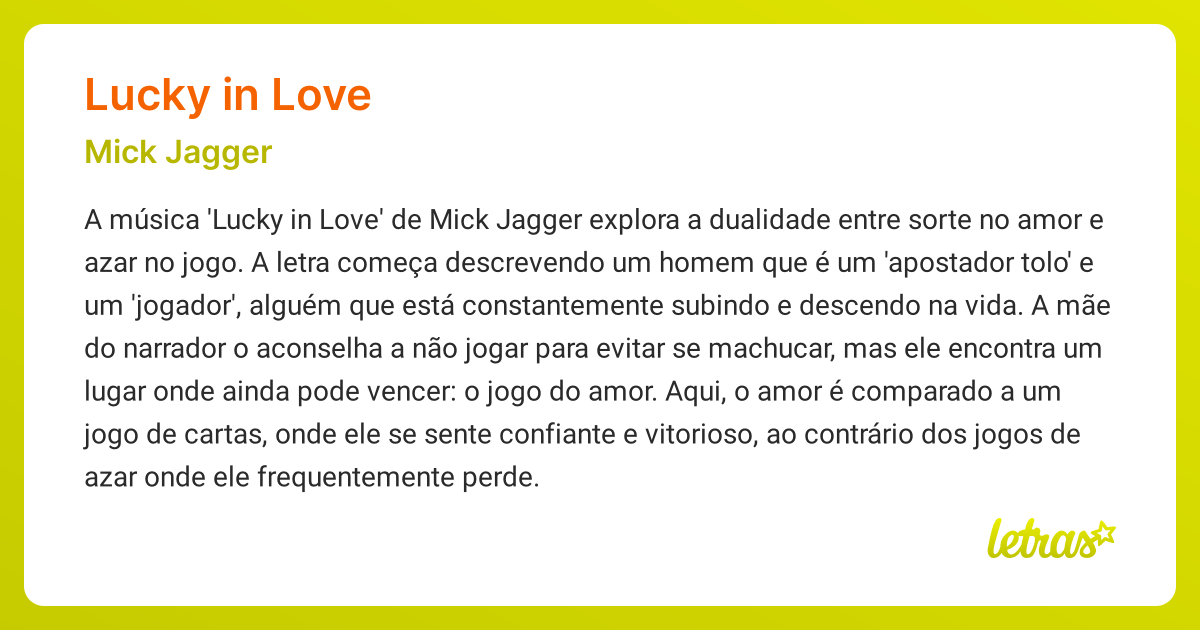 Significado da música LUCKY IN LOVE (Mick Jagger) - LETRAS.MUS.BR