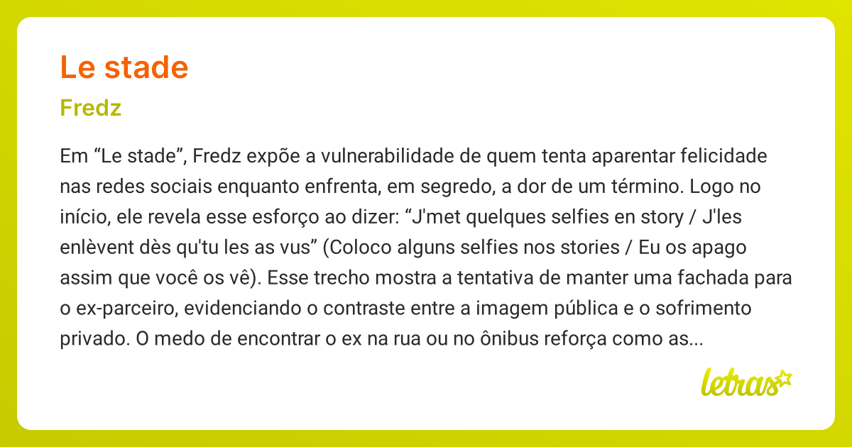 Significado da música LE STADE (Fredz) - LETRAS.MUS.BR