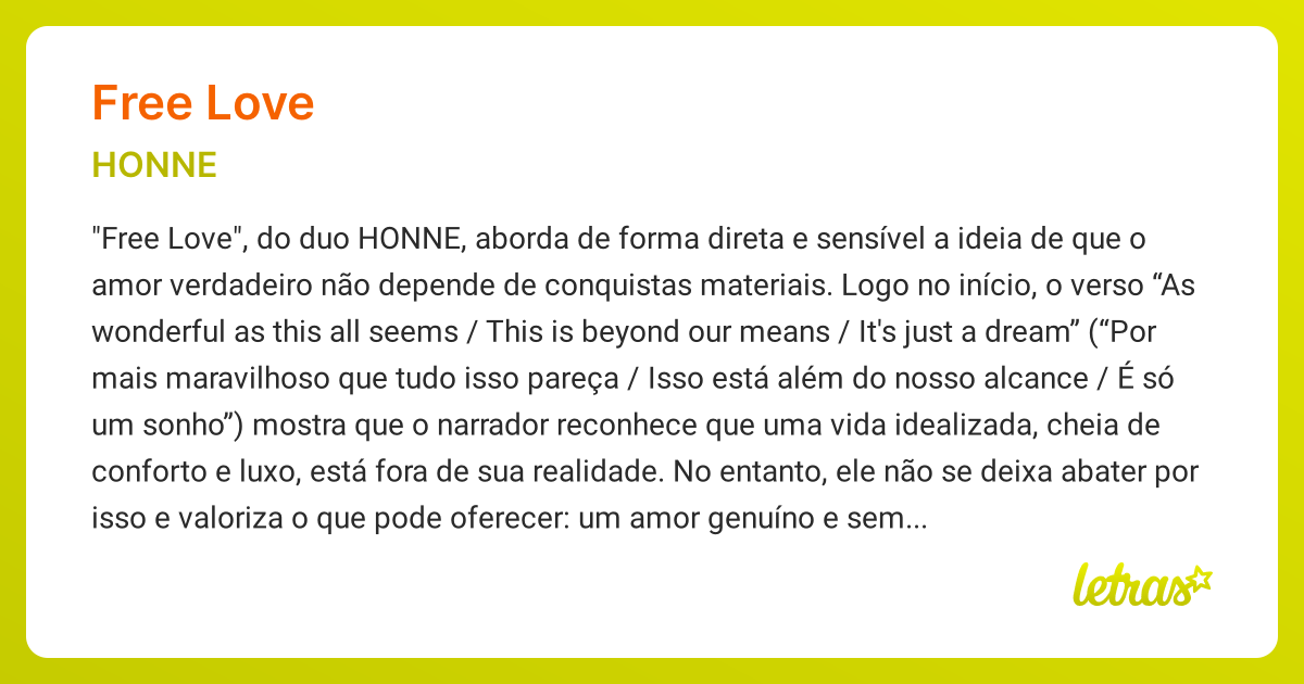 Significado da música FREE LOVE (HONNE) - LETRAS.MUS.BR