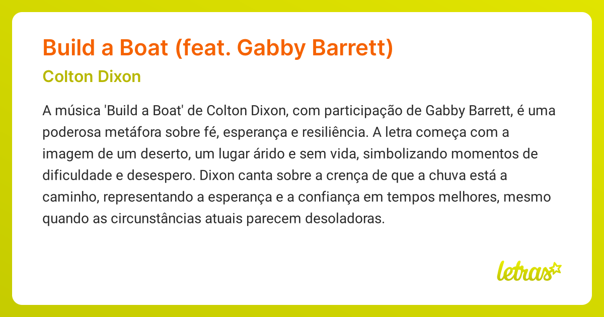 Significado da música Build a Boat (feat. Gabby Barrett) (Colton Dixon ...
