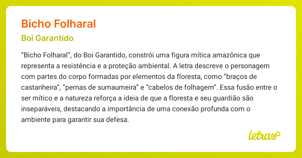 Significado da música BICHO FOLHARAL (Boi Garantido) - LETRAS.MUS.BR