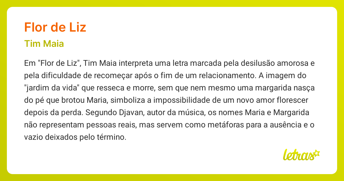 Significado da música FLOR DE LIZ (Tim Maia) - LETRAS.MUS.BR