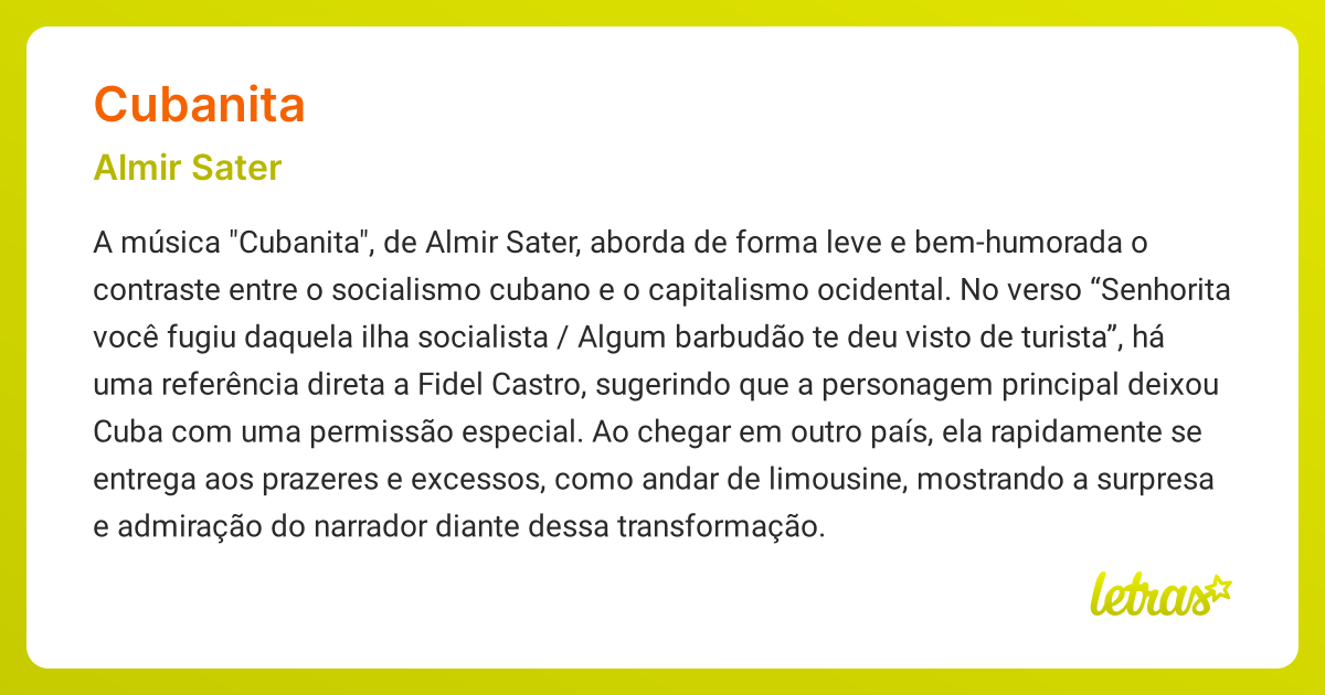 Significado da música CUBANITA (Almir Sater) - LETRAS.MUS.BR