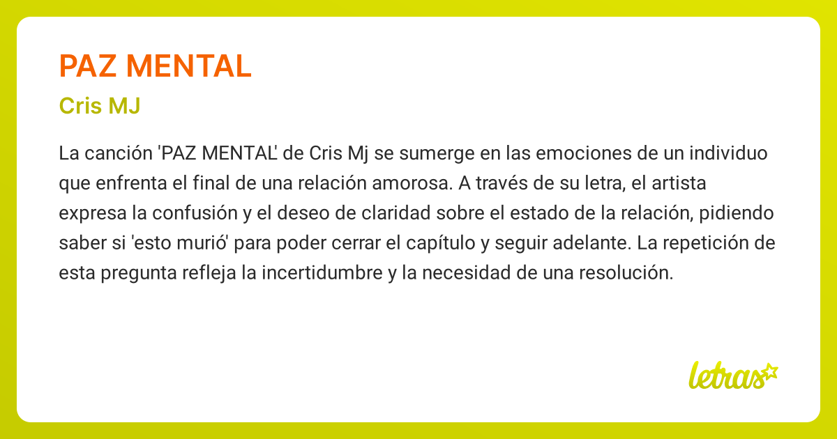 Significado de la canción PAZ MENTAL (Cris MJ) - LETRAS.COM