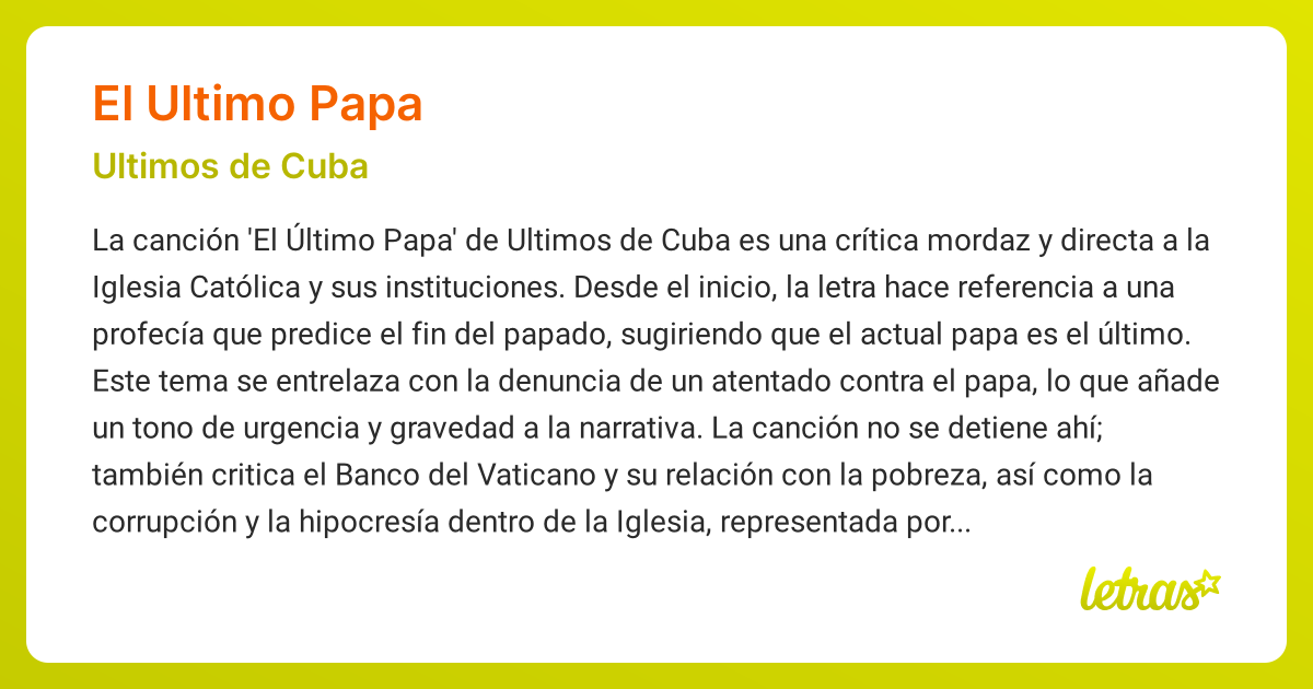 Significado de la canción EL ULTIMO PAPA (Ultimos de Cuba) - LETRAS.COM