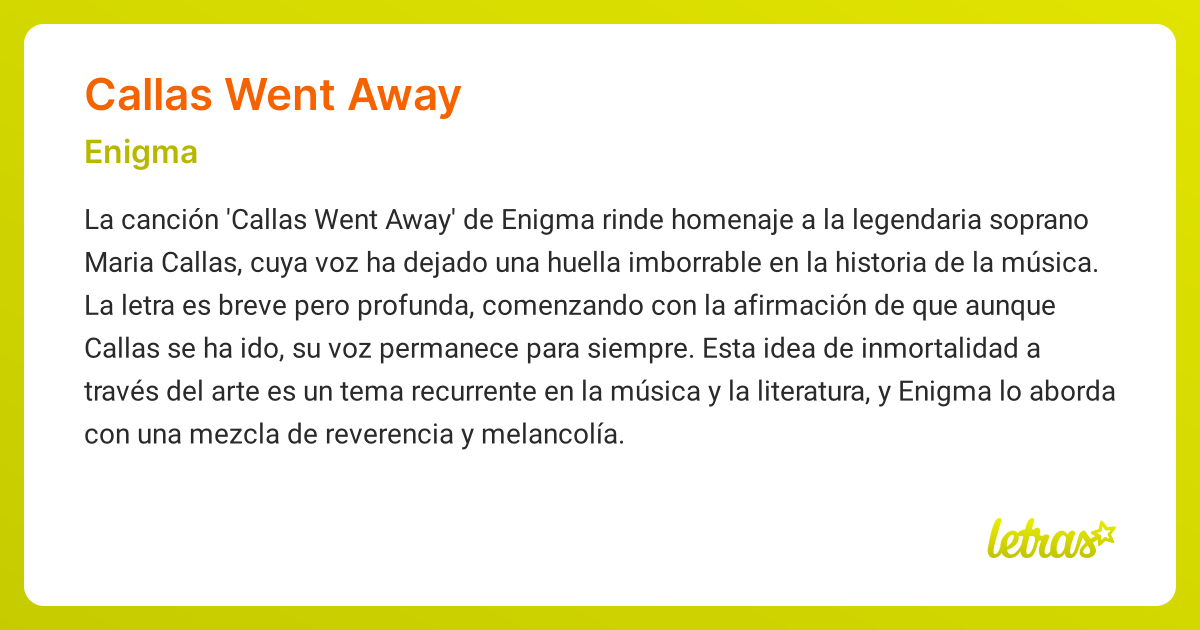 Significado de la canción CALLAS WENT AWAY (Enigma) - LETRAS.COM