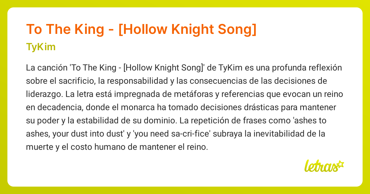 Significado de la canción To The King - [Hollow Knight Song] (TyKim) - LETRAS.COM