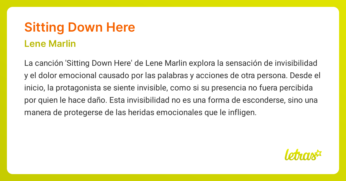 Significado de la canción SITTING DOWN HERE (Lene Marlin) - LETRAS.COM