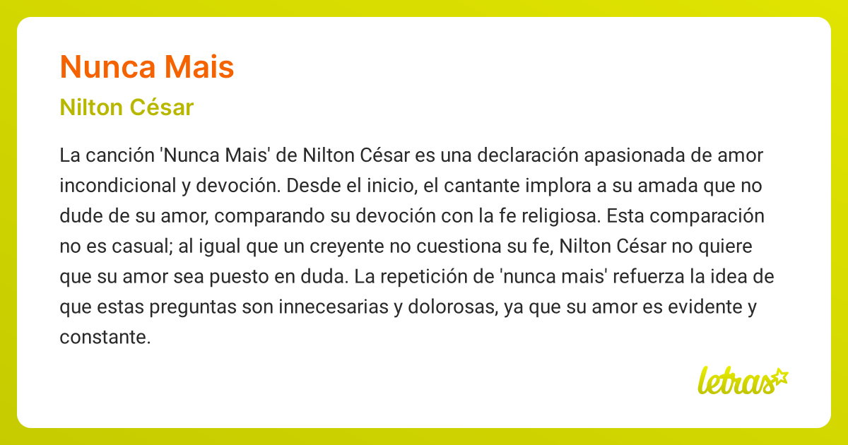 Significado de la canción NUNCA MAIS (Nilton César) - LETRAS.COM