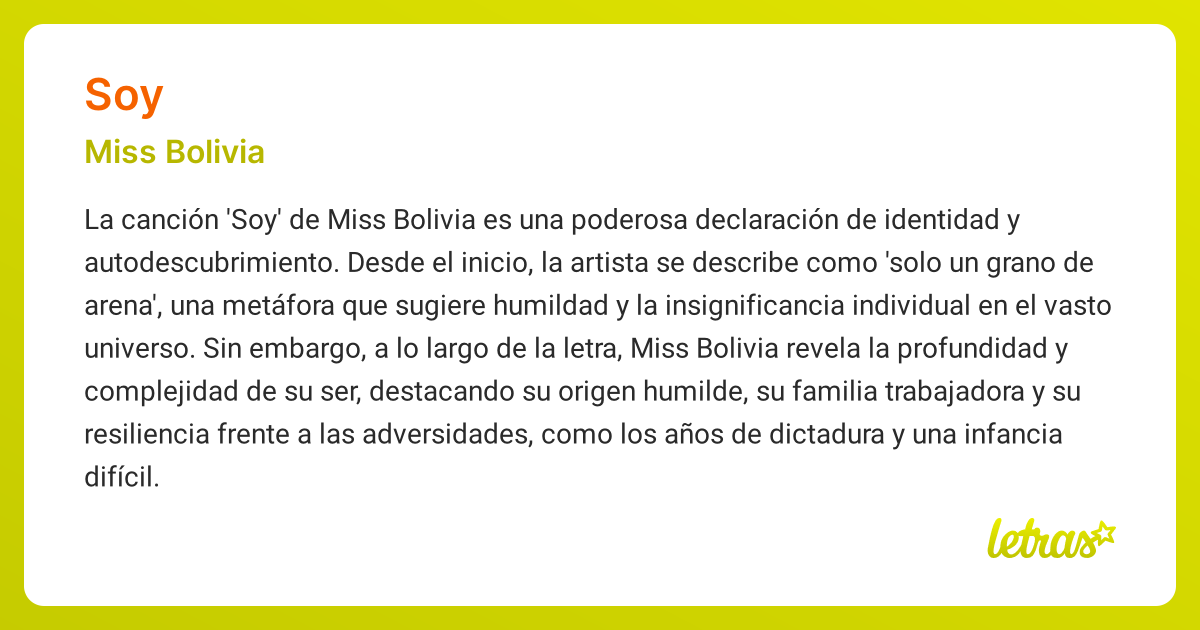 Significado de la canción SOY (Miss Bolivia) - LETRAS.COM