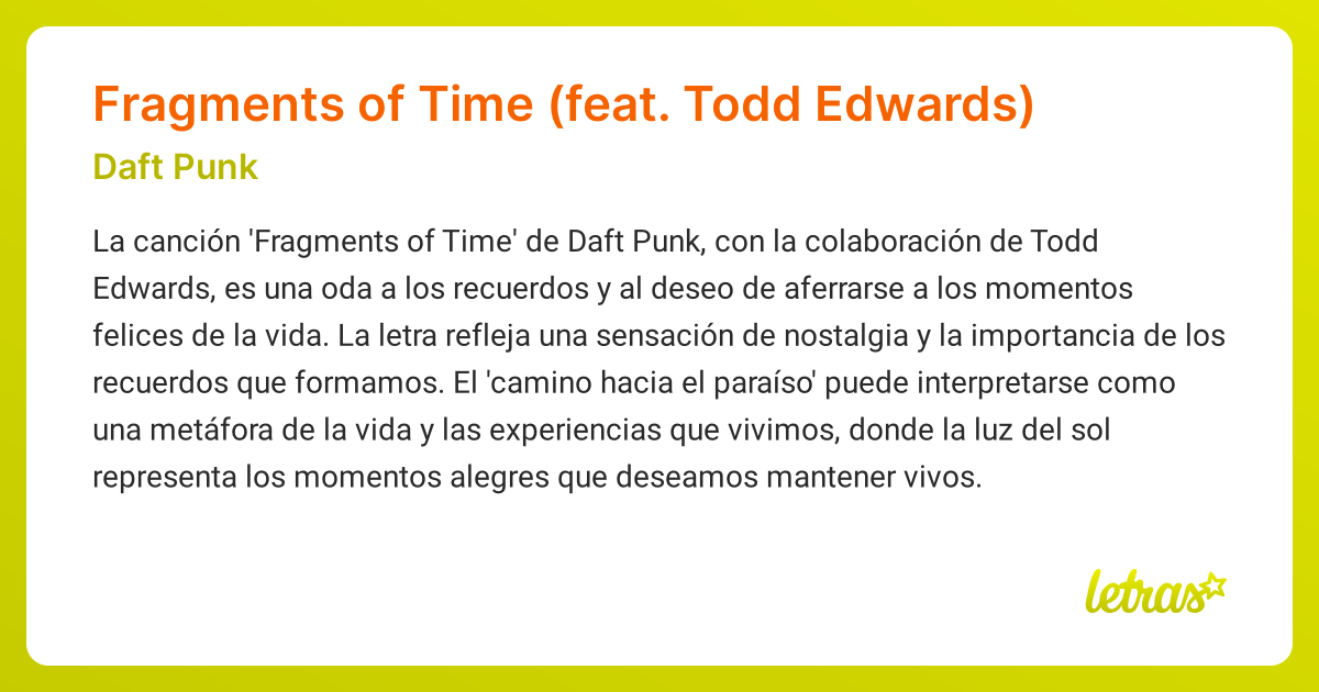 Significado de la canción Fragments of Time (feat. Todd Edwards) (Daft ...