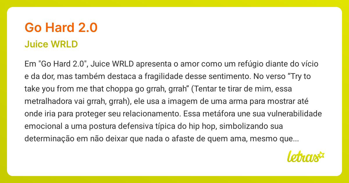 Significado da música GO HARD 2.0 (Juice WRLD) - LETRAS.MUS.BR