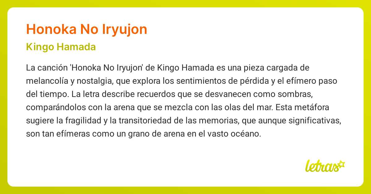 Significado de la canción HONOKA NO IRYUJON (Kingo Hamada) - LETRAS.COM