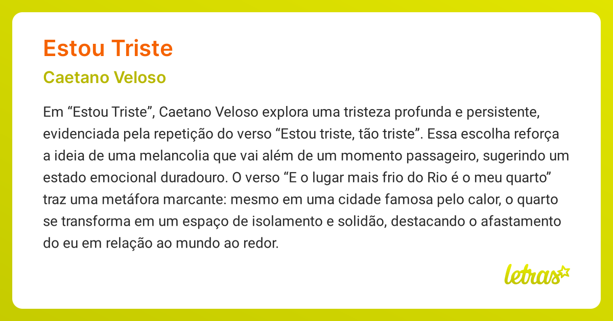 Significado da música ESTOU TRISTE (Caetano Veloso) - LETRAS.MUS.BR