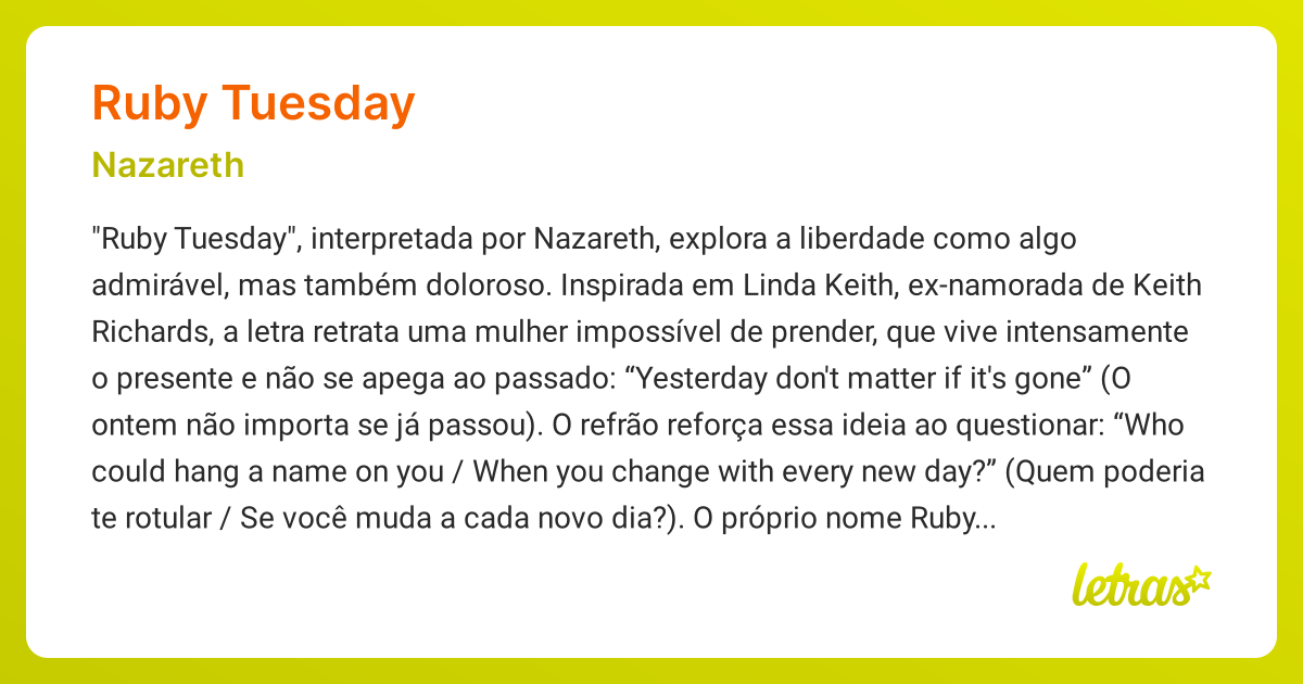 Significado da música RUBY TUESDAY (Nazareth) - LETRAS.MUS.BR