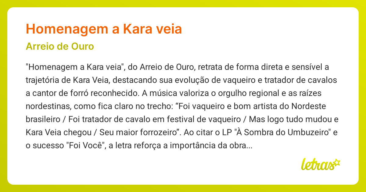 Significado da música HOMENAGEM A KARA VEIA (Arreio de Ouro) - LETRAS ...