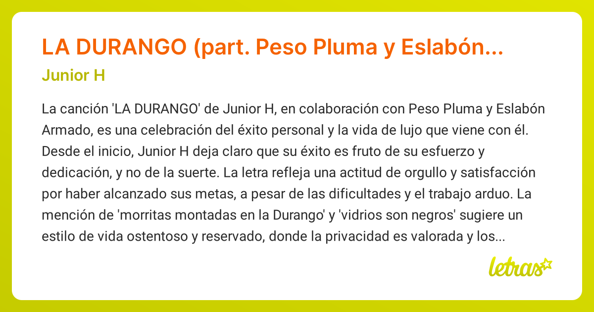 Significado de la canción LA DURANGO (part. Peso Pluma y Eslabón Armado ...