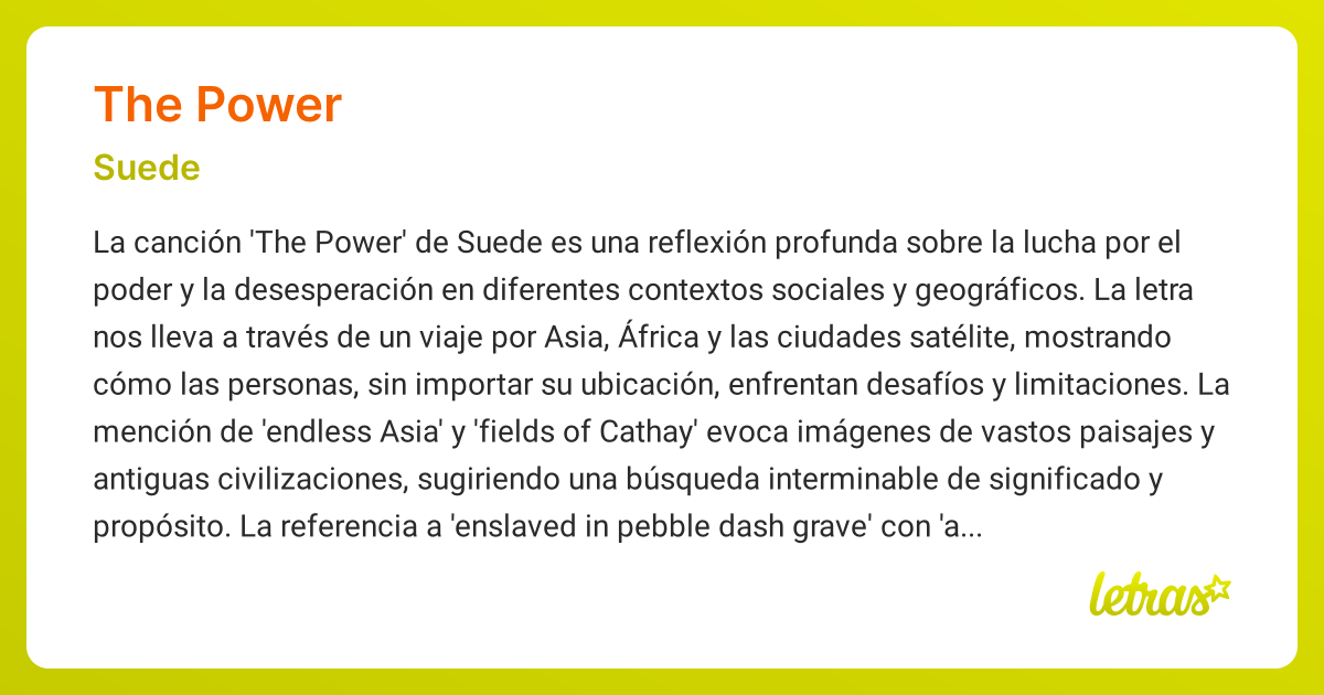 Significado de la canción THE POWER (Suede) - LETRAS.COM