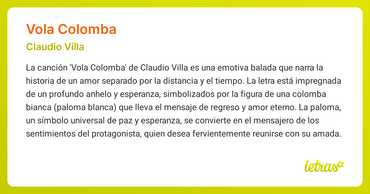 Significado de la canción VOLA COLOMBA (Claudio Villa) - LETRAS.COM