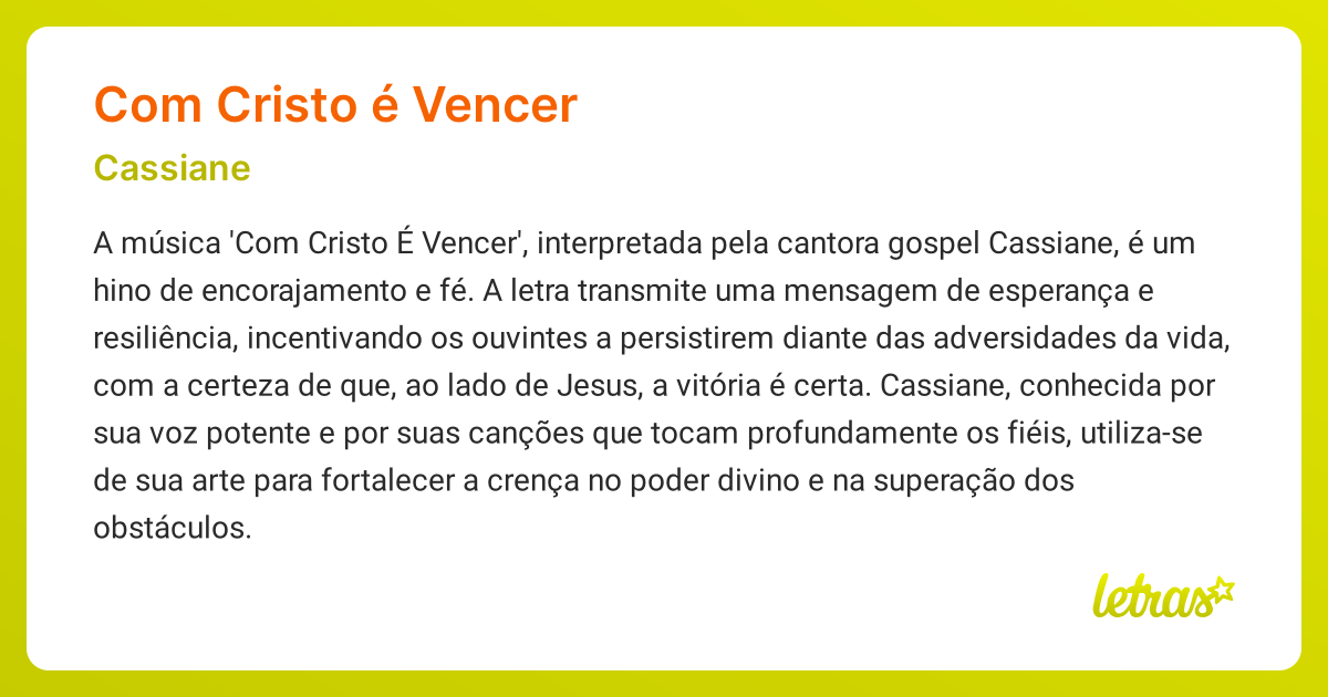 Significado da música COM CRISTO É VENCER (Cassiane) - LETRAS.MUS.BR