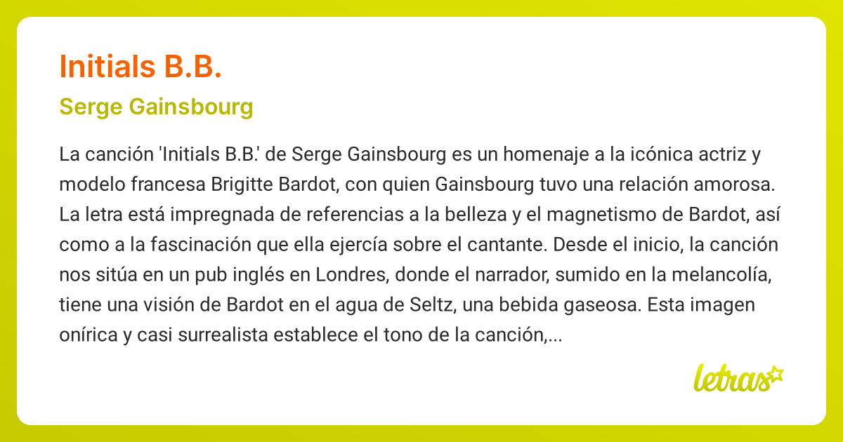 Significado de la canción INITIALS B.B. (Serge Gainsbourg) - LETRAS.COM