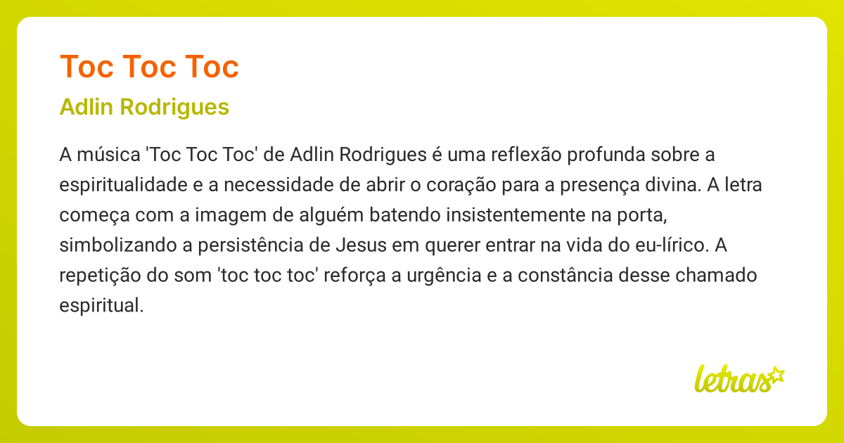 Significado da música TOC TOC TOC (Adlin Rodrigues) - LETRAS.MUS.BR