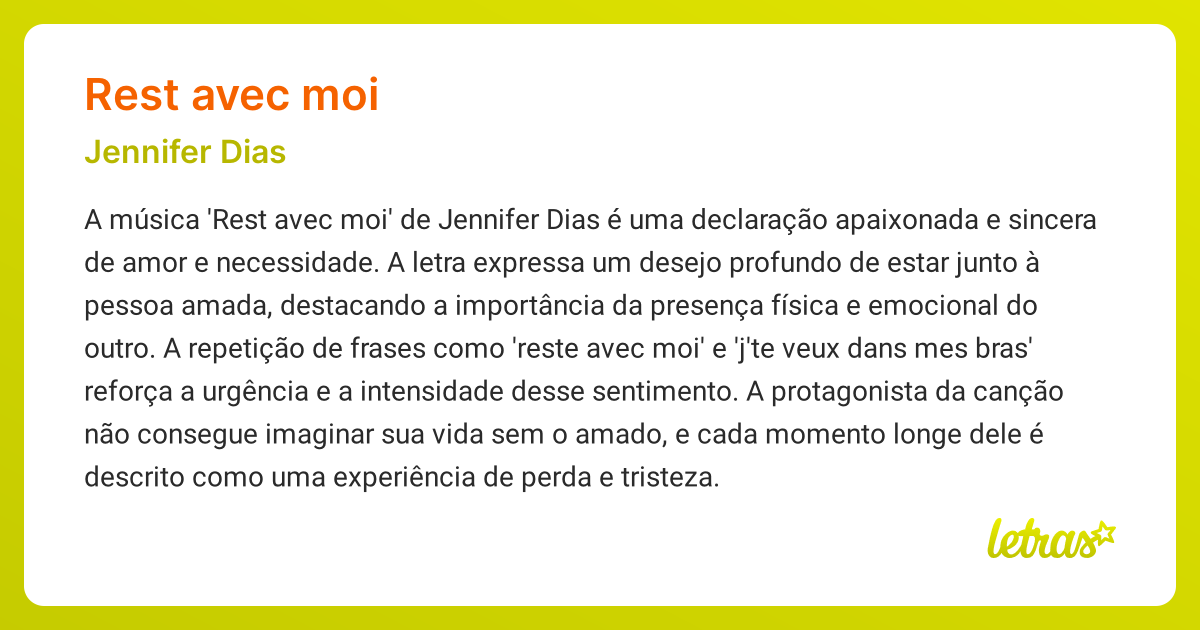 Significado da música REST AVEC MOI (Jennifer Dias) - LETRAS.MUS.BR