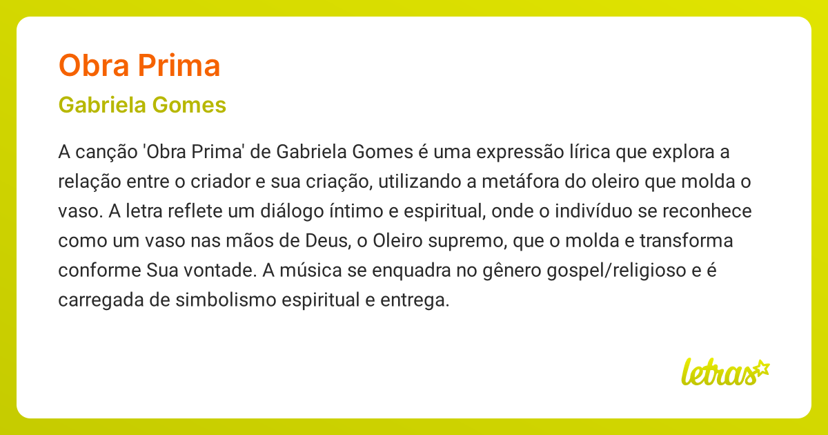 Significado da música OBRA PRIMA (Gabriela Gomes) - LETRAS.MUS.BR