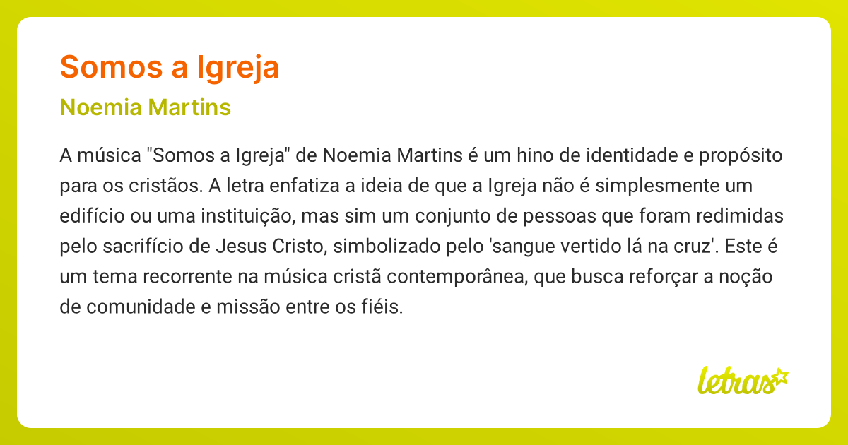 Significado da música SOMOS A IGREJA (Noemia Martins) - LETRAS.MUS.BR