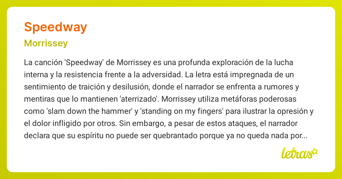Significado de la canción SPEEDWAY (Morrissey) - LETRAS.COM