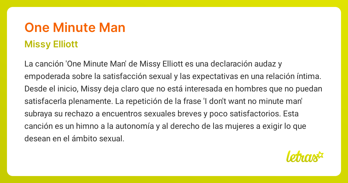 Significado de la canción ONE MINUTE MAN (Missy Elliott) - LETRAS.COM