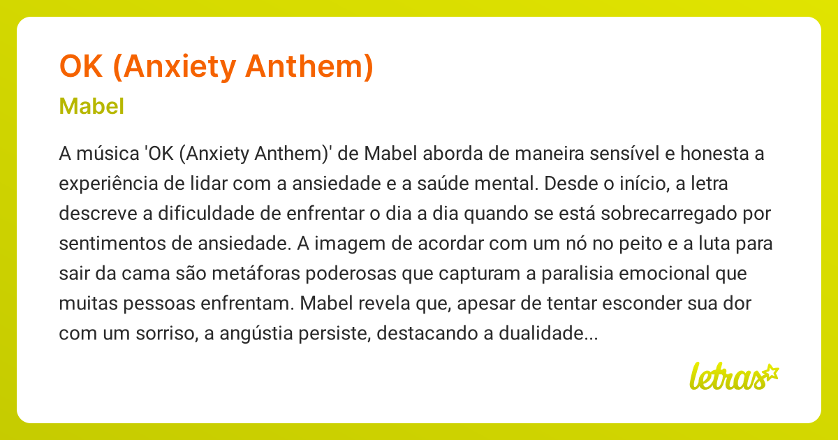Significado da música OK (ANXIETY ANTHEM) (Mabel) - LETRAS.MUS.BR