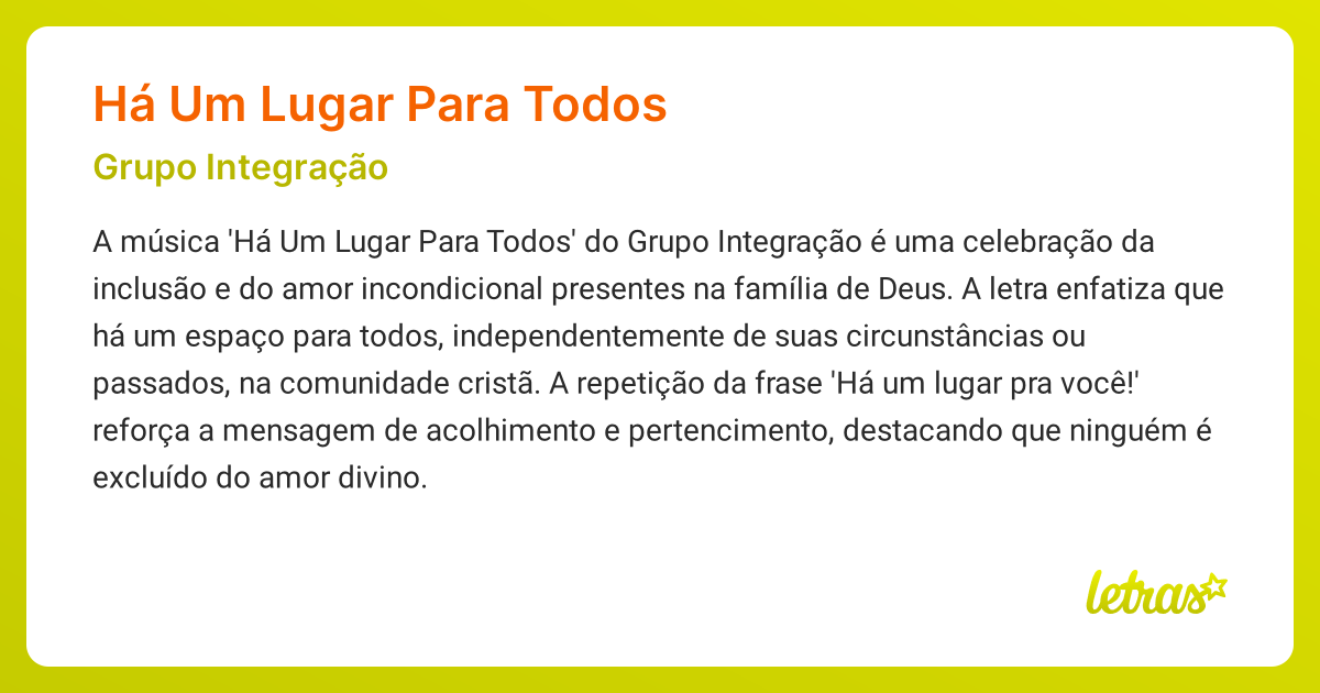Significado da música HÁ UM LUGAR PARA TODOS (Grupo Integração ...