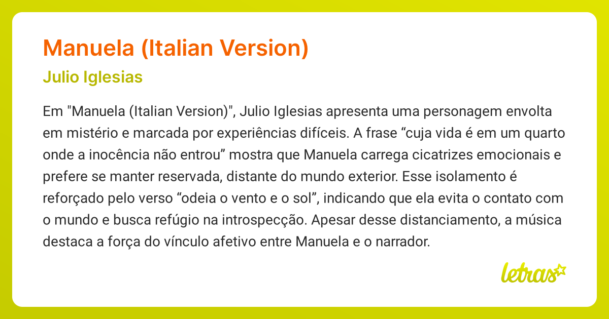 Significado da música MANUELA (ITALIAN VERSION) (Julio Iglesias ...