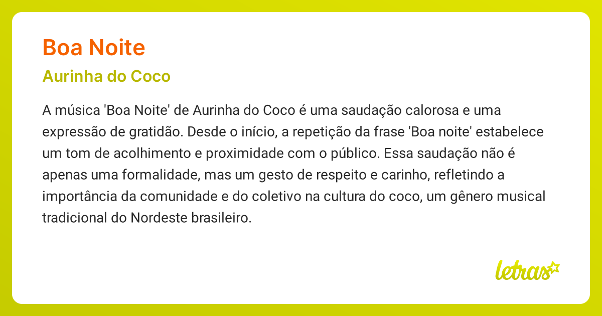 Significado da música BOA NOITE (Aurinha do Coco) - LETRAS.MUS.BR