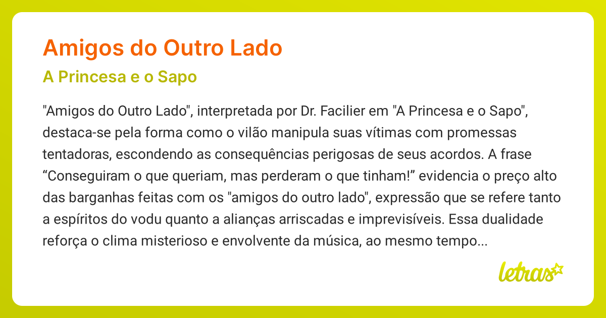 Significado da música AMIGOS DO OUTRO LADO (A Princesa e o Sapo ...