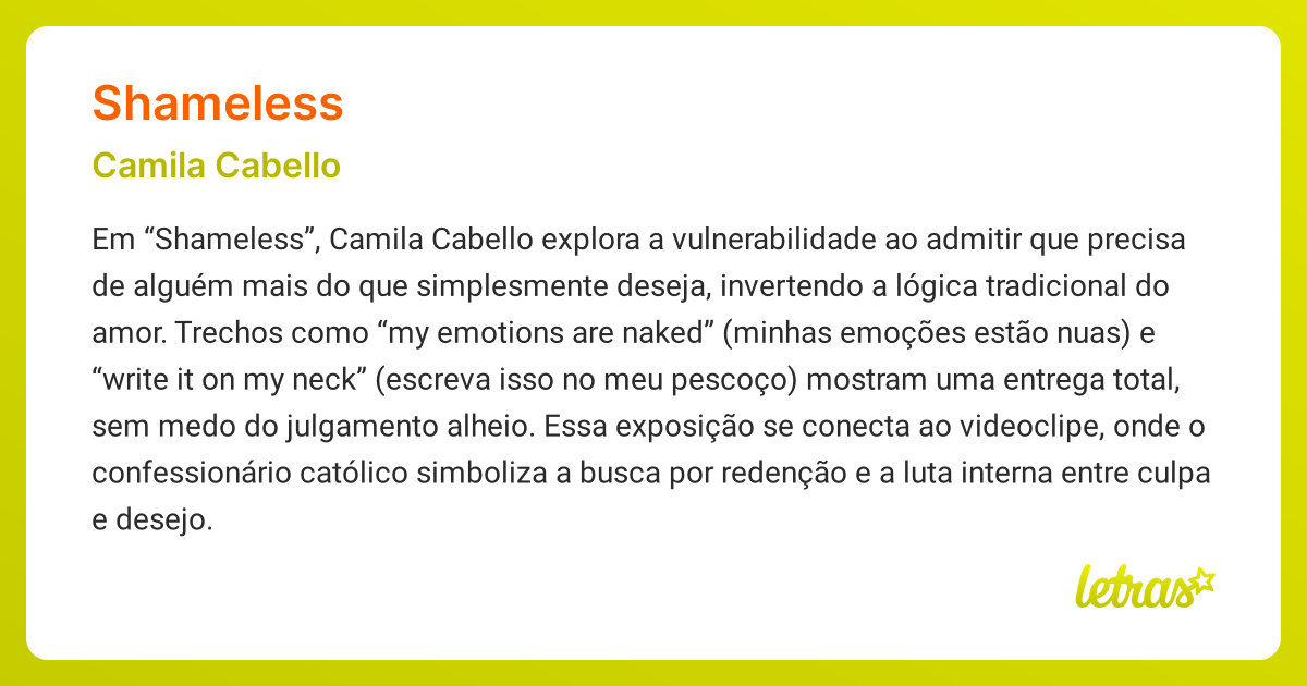 Significado da música SHAMELESS (Camila Cabello) - LETRAS.MUS.BR